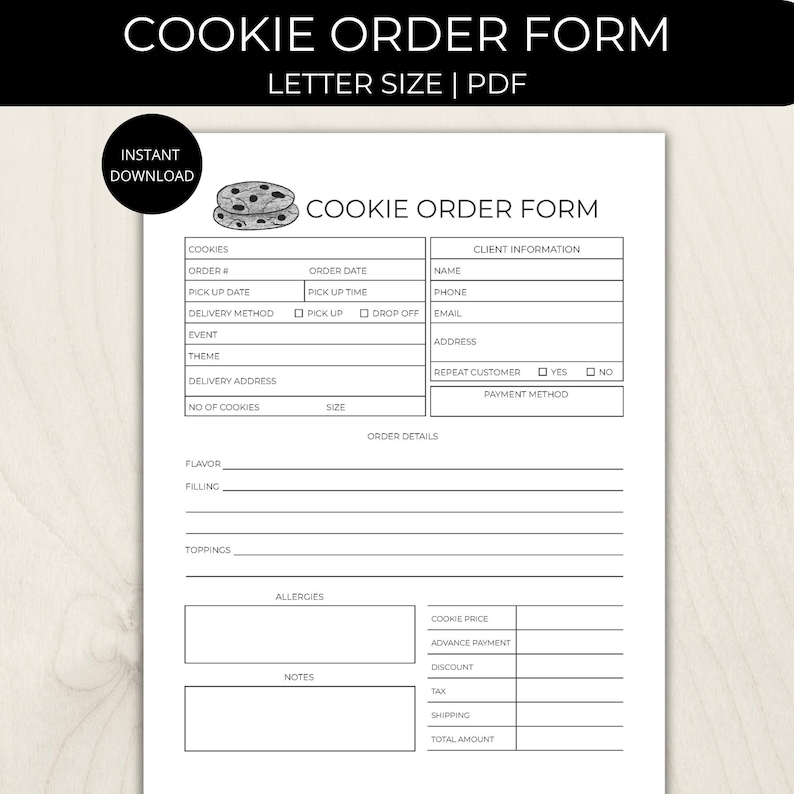Cookie Order Form Fillable, Bakery Planner Printable, Cookie Order ...