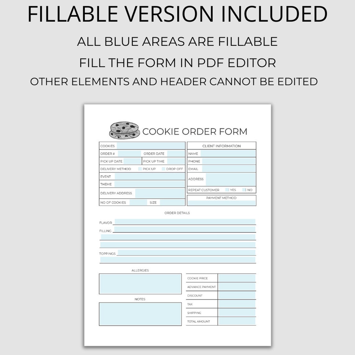 Cookie Order Form Fillable, Bakery Planner Printable, Cookie Order ...