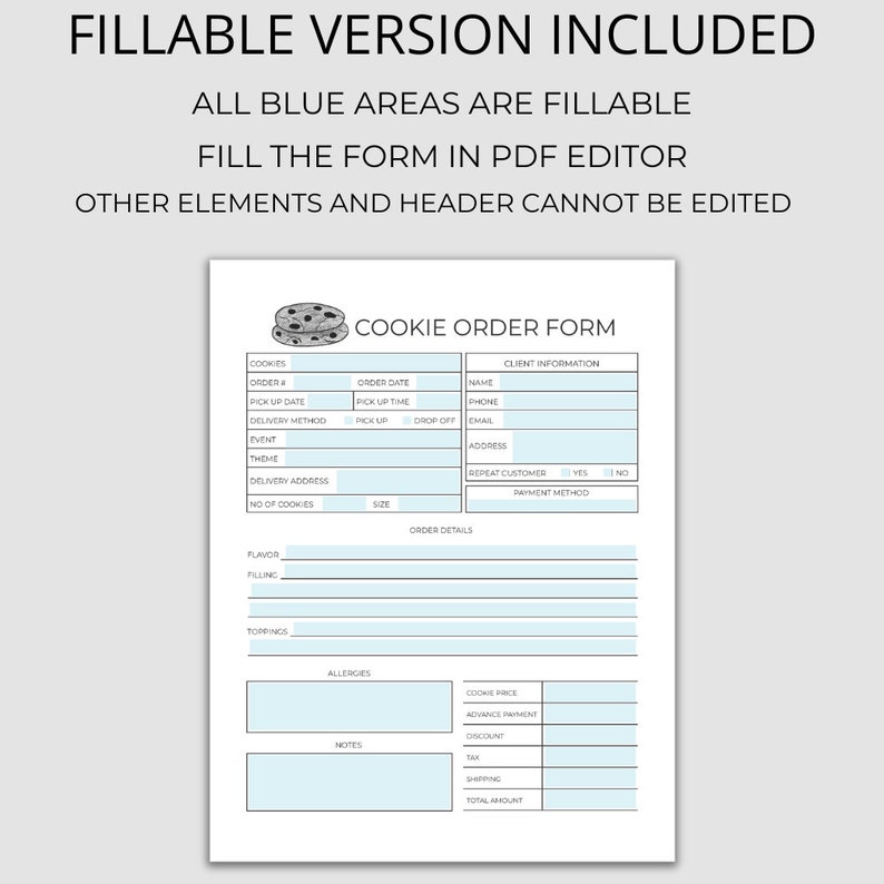 Cookie Order Form Fillable, Bakery Planner Printable, Cookie Order ...