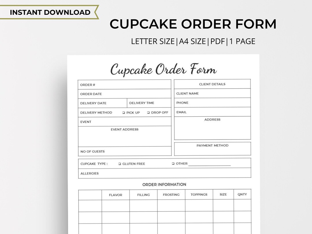 Editable Cake Order Form Cupcake Order Form Bakery Planner - Etsy