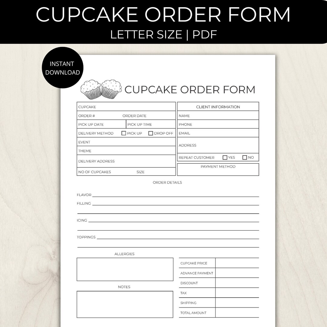 Cupcake Order Form, Fillable Order Form, Bakery Planner Printable ...