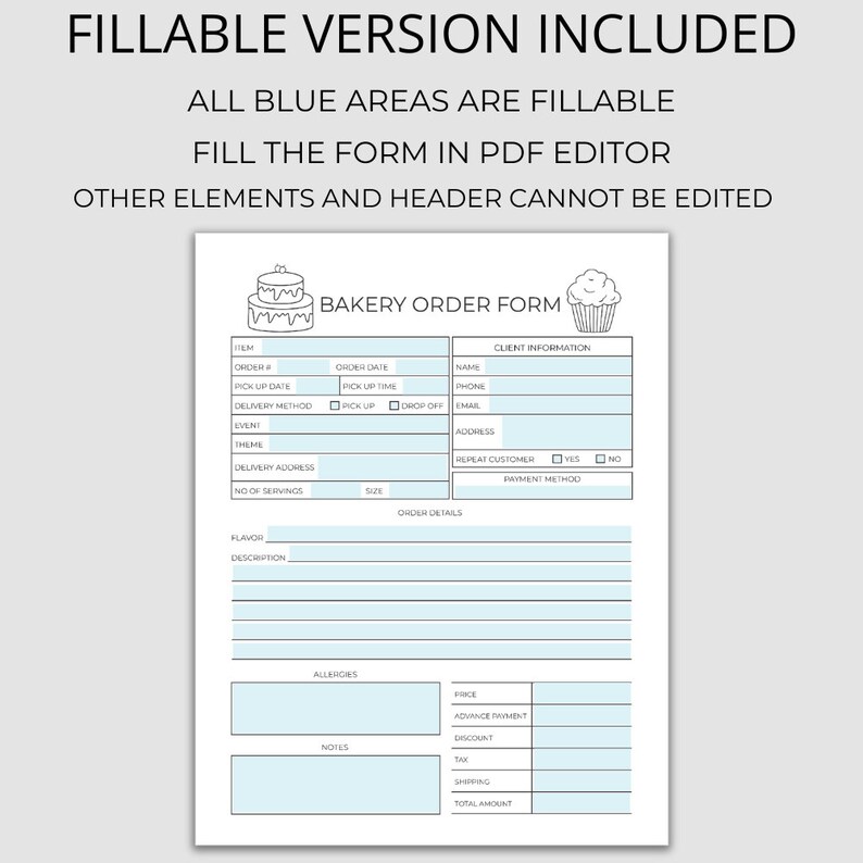 Bakery Order Form, Fillable Cake Order Form, Bakery Planner Printable ...