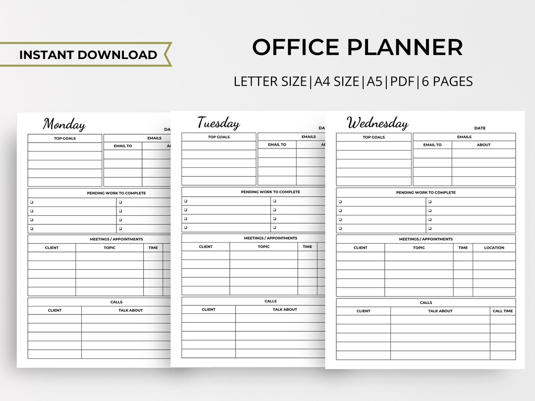 Work Planner Printable Office Planner Planner For Work Daily 