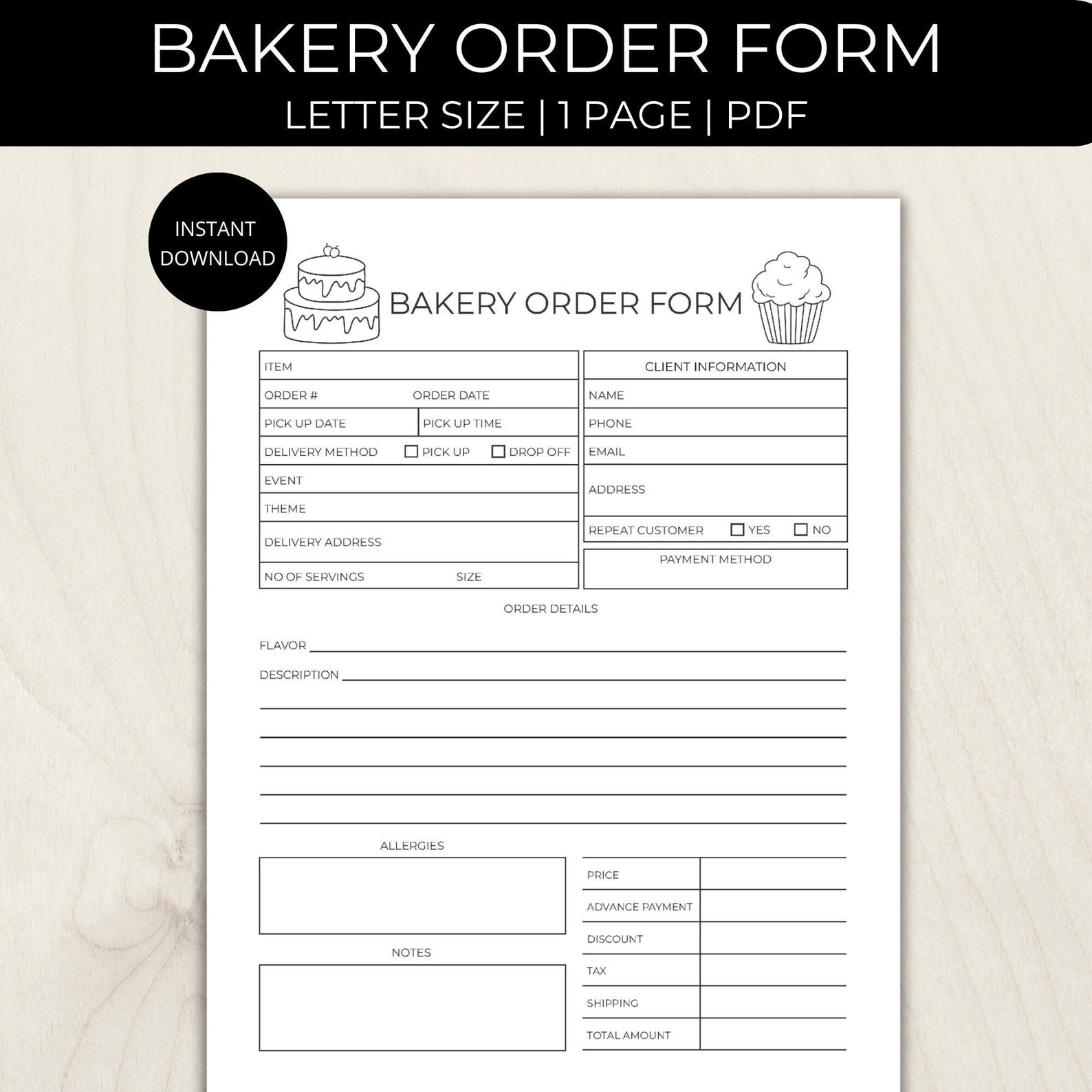 Bakery Order Form, Fillable Cake Order Form, Bakery Planner Printable ...
