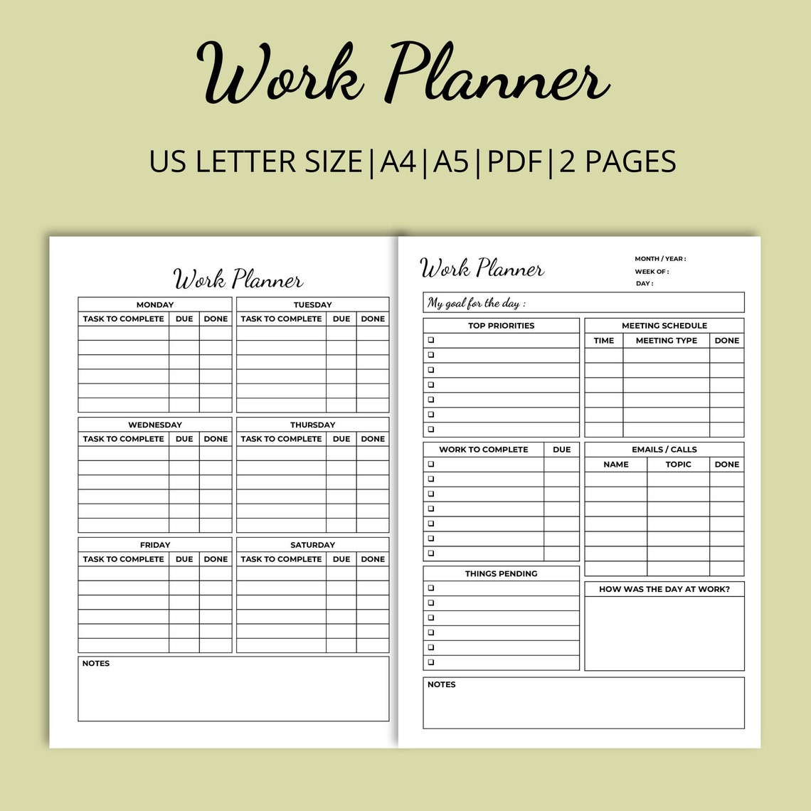 Work Planner Printable Office Planner Daily Work Task Sheet | Etsy