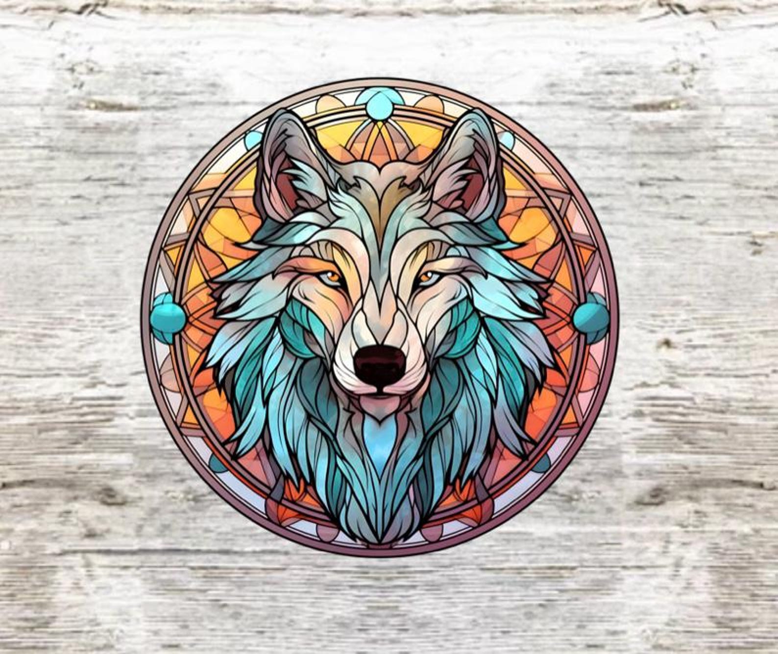 Round Wolf Faux Stained Glass Window Metal Plaque, Wolf Plaque,wolf ...