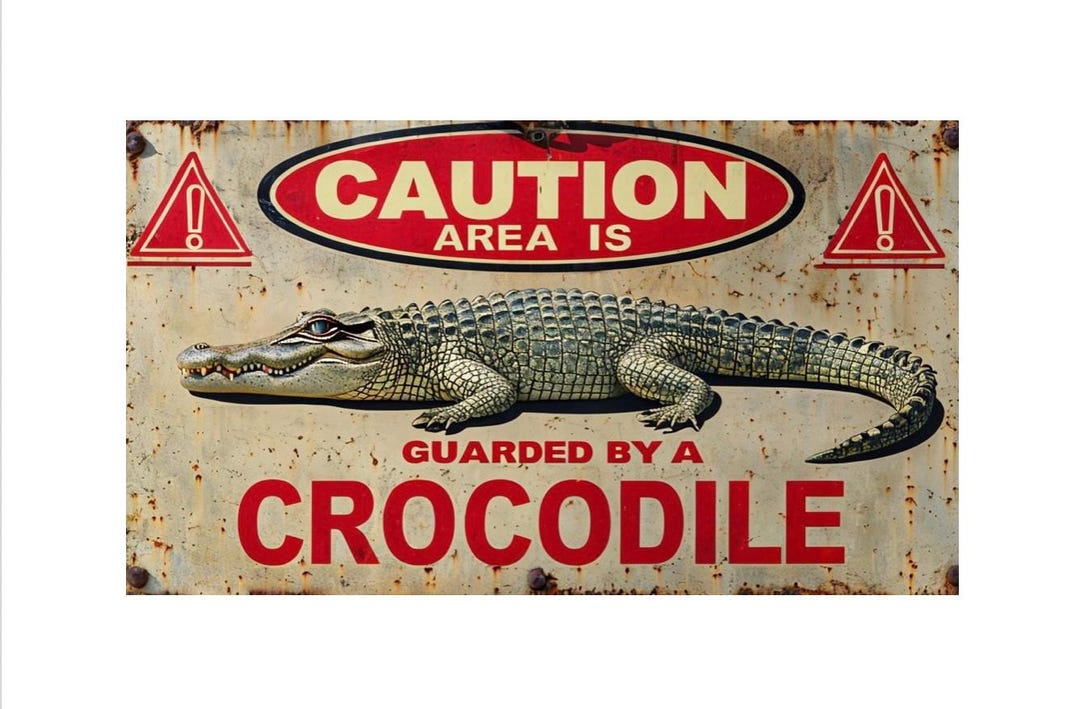 Caution Area is Guarded by A Crocodile Metal Sign, Crocodile Plaque ...
