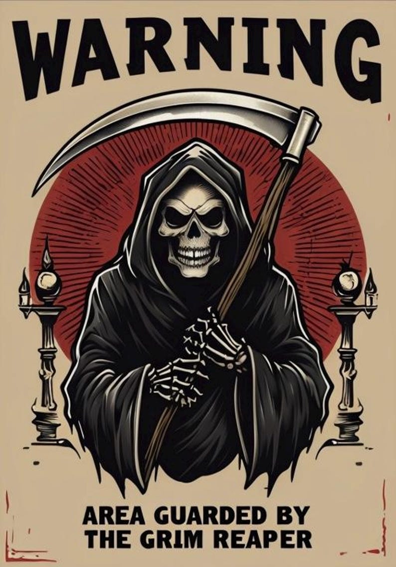 Warning Area Guarded by Grim Reaper Metal Sign, Grim Reapersign, Grim ...