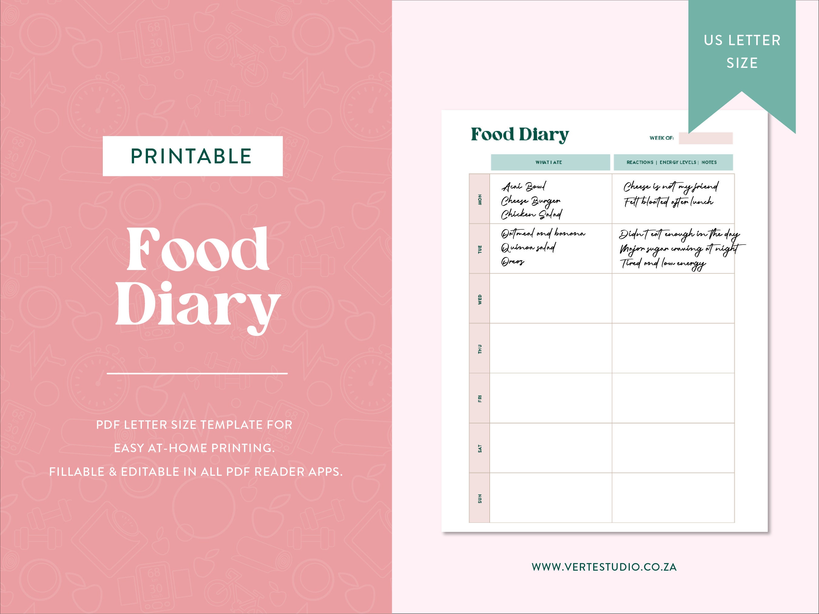 Food Diary Journal Printable & Fillable One Page Print at Home Template ...