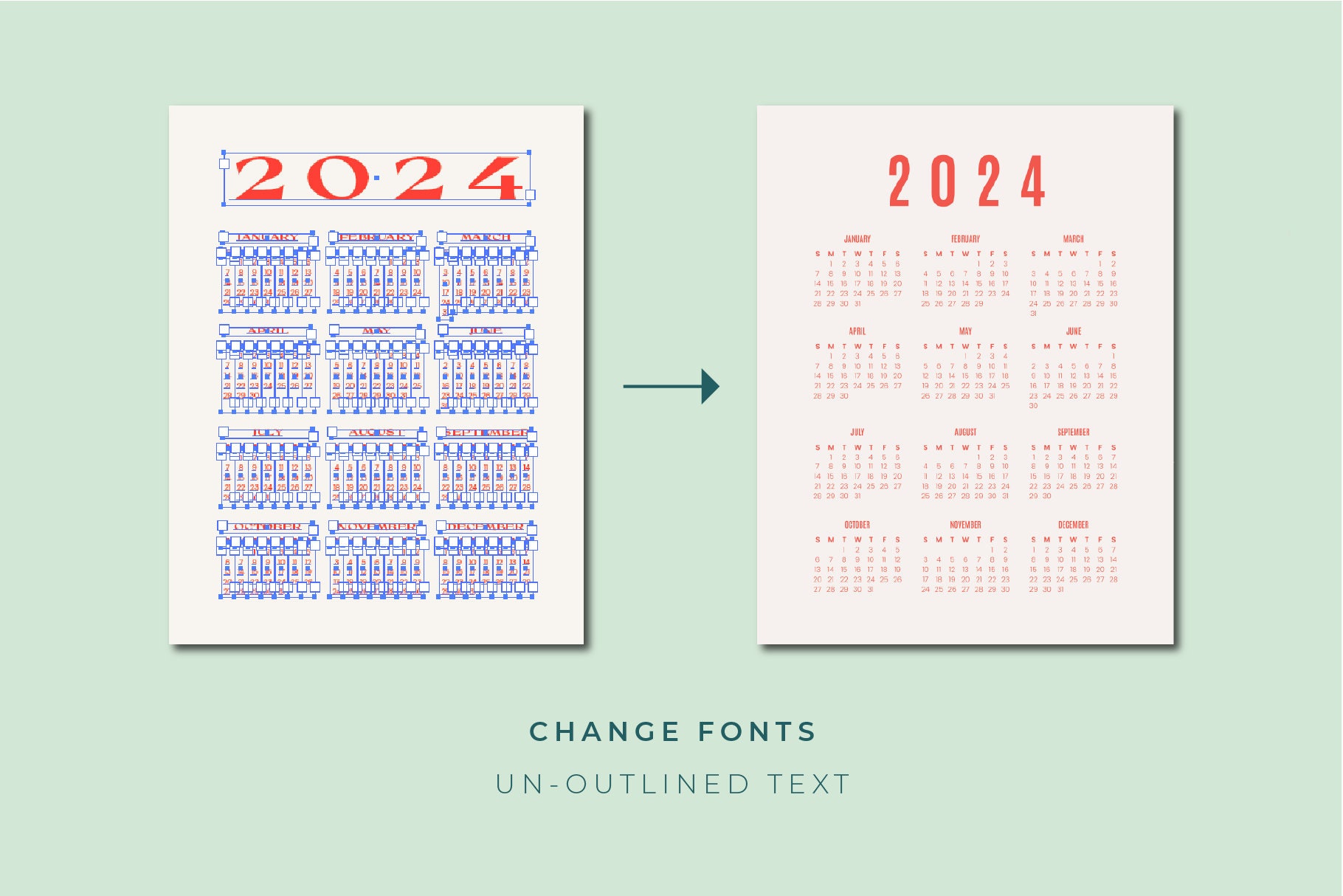 2024 Yearly Overview Editable & Printable Calendar Un-outlined Text - Etsy