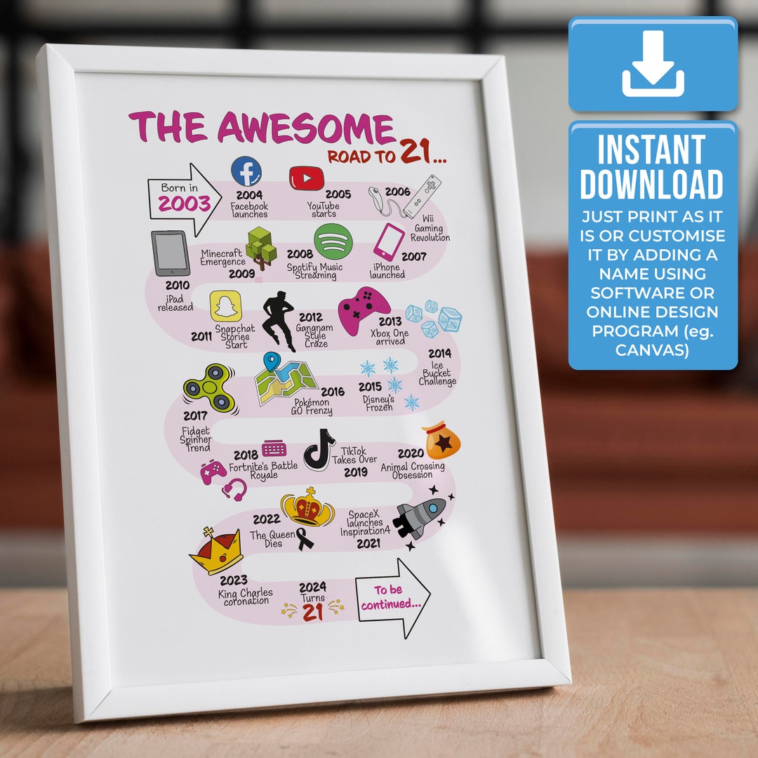 The Road to 21, 21st Milestone Birthday Print Pink, Born in 2003, Gift for Friend, Daughter, Son ...