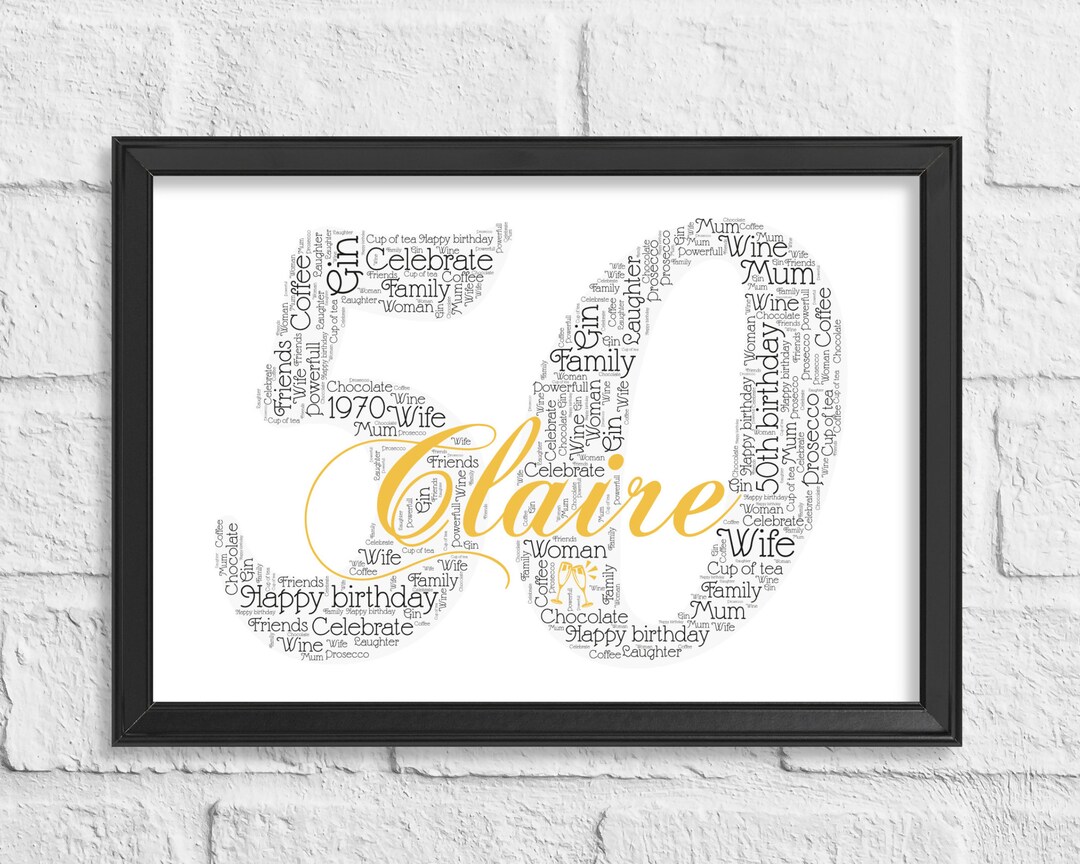 Personalised Birthday 50th Word Art Print - ALL AGES AVAILABLE - Custom ...