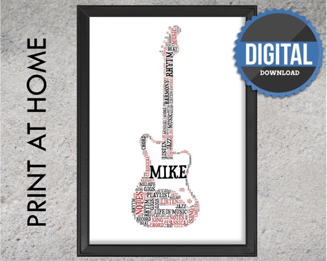 DIGITAL DOWNLOAD - Personalised Electric Guitar Word Art Gift - Word ...
