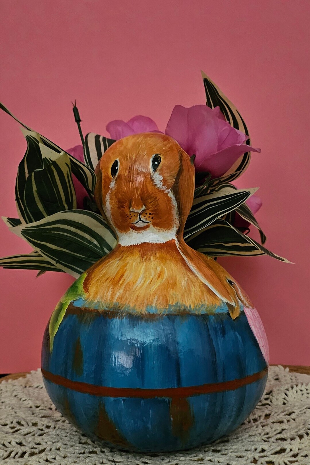 Hand Carved/painted Bunny Gourd Planter - Etsy