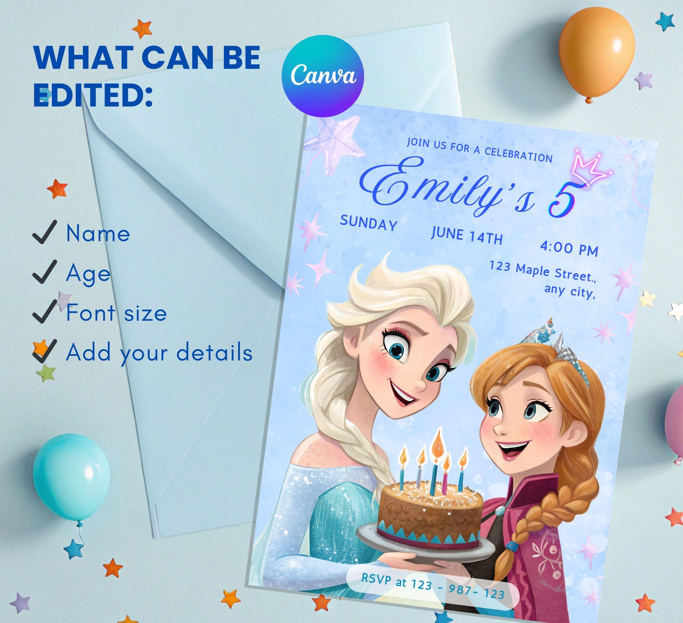 Frozen Birthday Party Invitation, Elsa Five Birthday, Canva Editable ...