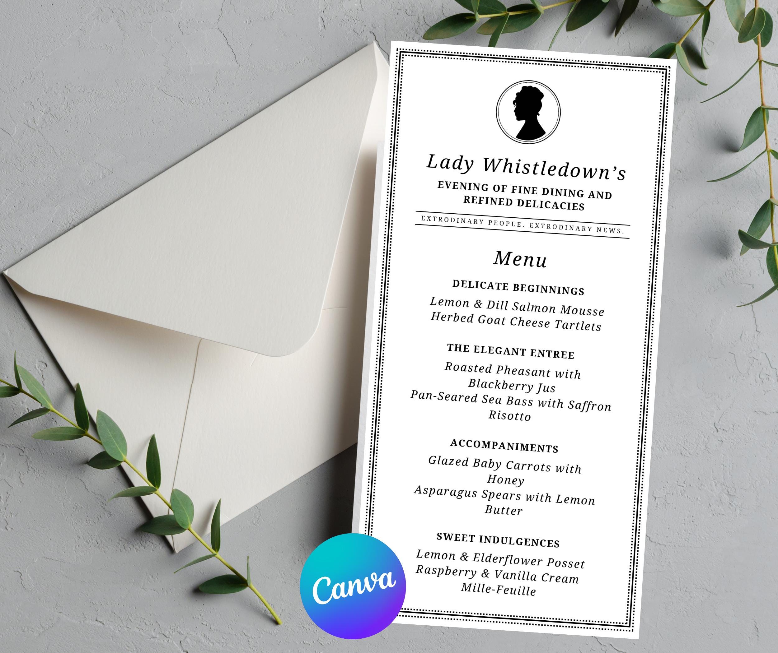 Lady Whistledown Society Papers Menu Template, Editabe Canva Tea Party ...
