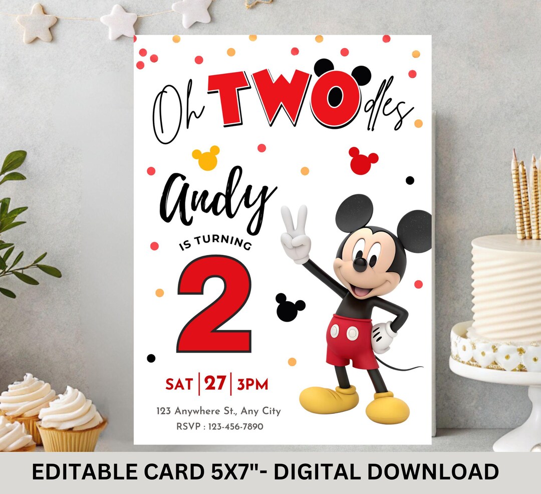 Mickey Mouse Oh Twodles Invitation: 2nd Birthday, Editable Canva ...