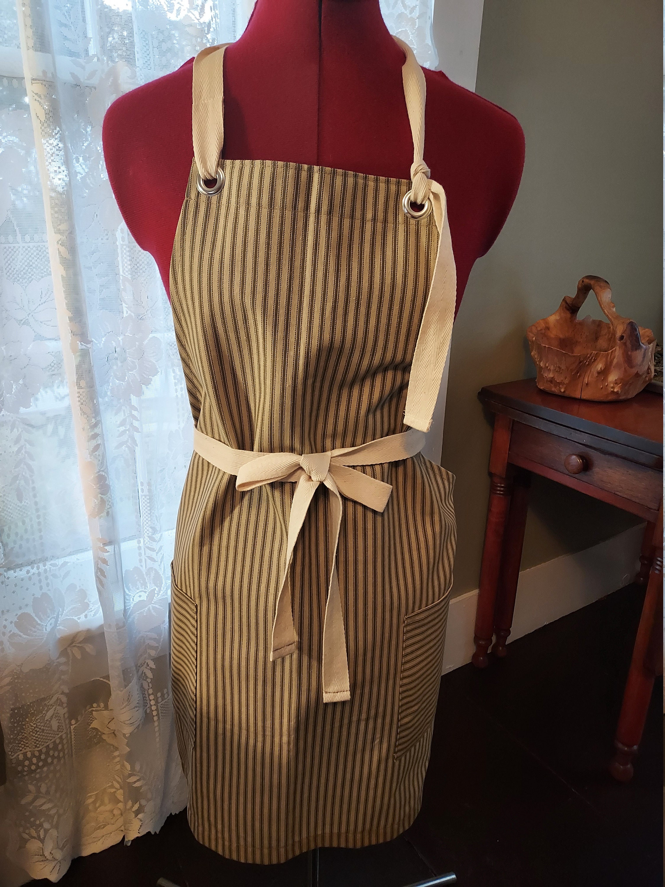 Limano Farmhouse Green Kitchen Apron French Ticking Stripe Chef Apron ...