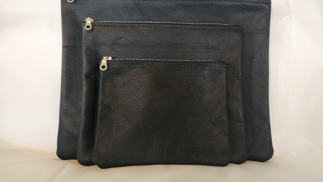 Zippered Pouch Trio of Genuine Leather Color is Black Metal Zipper ...