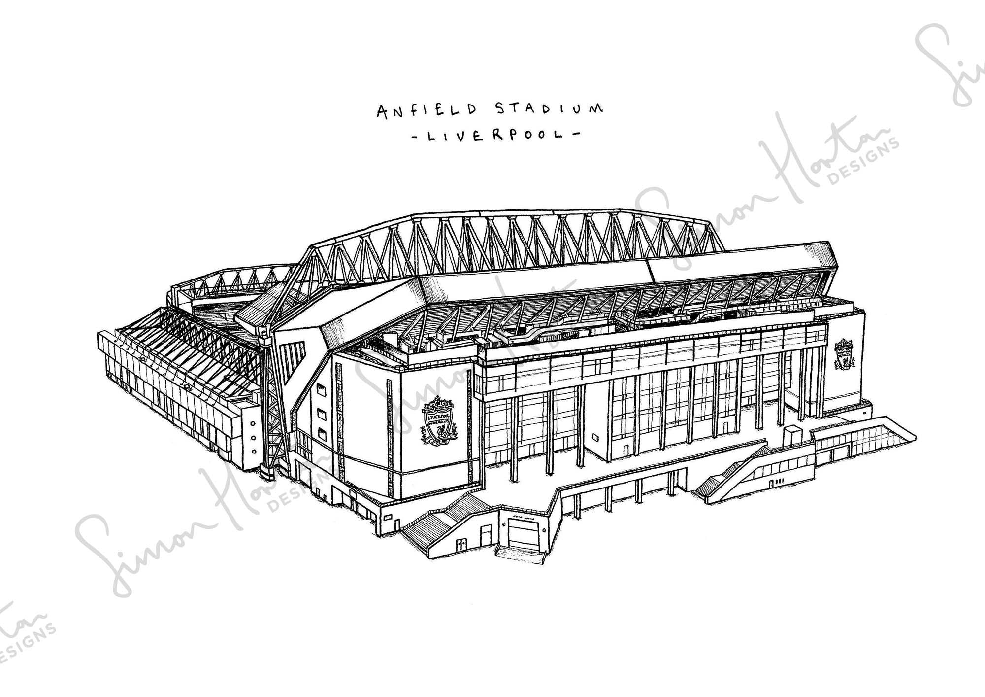 Anfield Stadium, Liverpool Fine Line Print Architectural Illustration ...