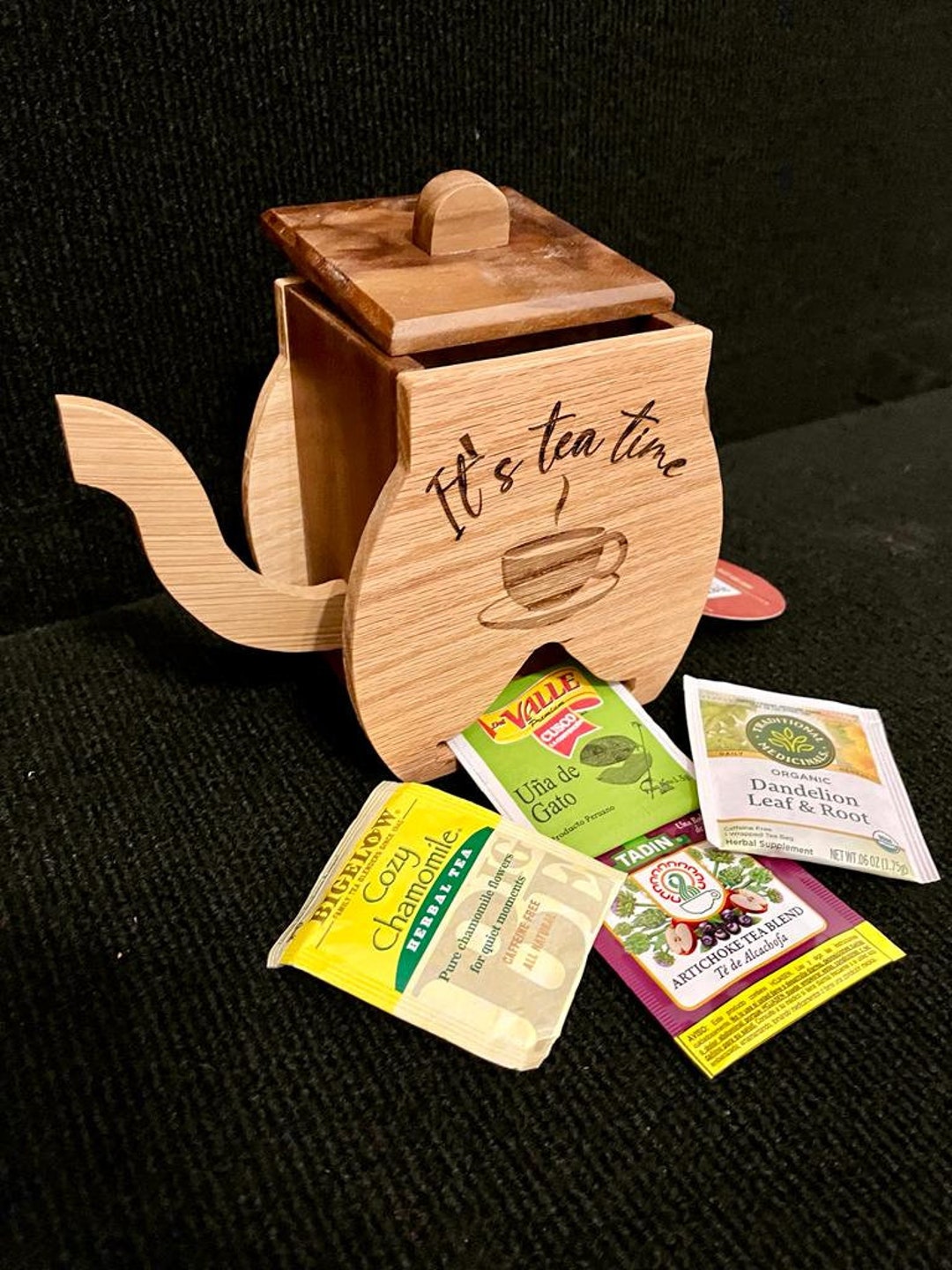 Handcrafted Wooden Tea Bag Holder – Solid Wood Teapot Box, Laser ...