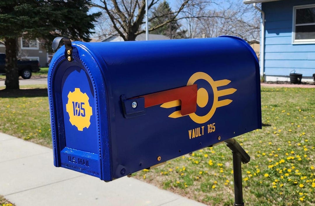 Retro Atomic-inspired Vault Mailbox | Blue & Yellow Gamer Wall Mailbox ...