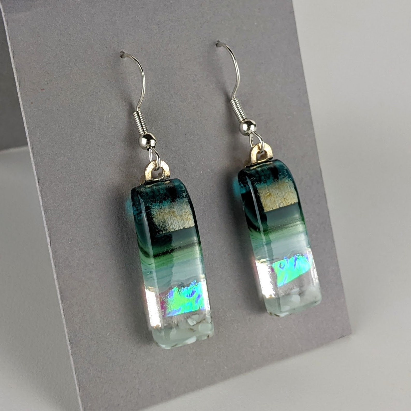 Green Aqua Gold Rainbow Sea Glass Look Fused Glass Dangle - Etsy