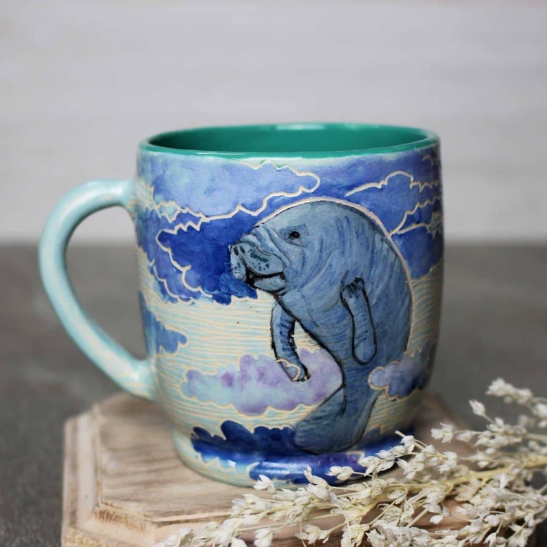 Pottery Mug 10 Oz 12oz 14 Oz With Manatee in Clouds - Etsy