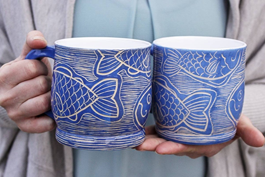 Pottery Ceramic Mug 10oz 12oz 14oz With Fish Illustration - Etsy