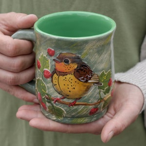Pottery Mug 14oz With Robin Bird Bowl 18 Oz With Berries Bushes - Etsy