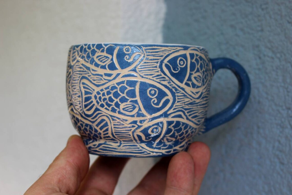 Pottery Ceramic Mug 10oz 12oz 14oz With Fish Illustration | Etsy