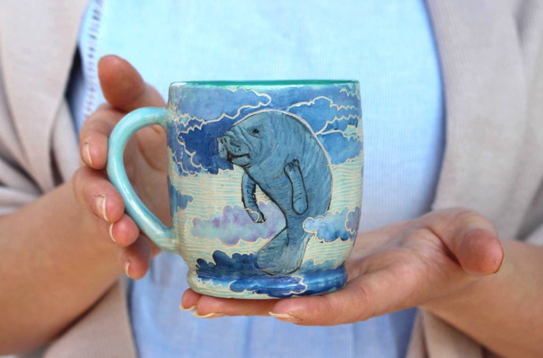 Pottery Mug 10 Oz 12oz 14 Oz With Manatee in Clouds - Etsy