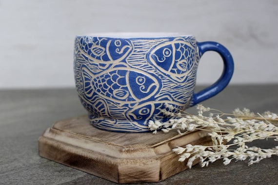 Pottery Ceramic Mug 10oz 12oz 14oz With Fish Illustration | Etsy