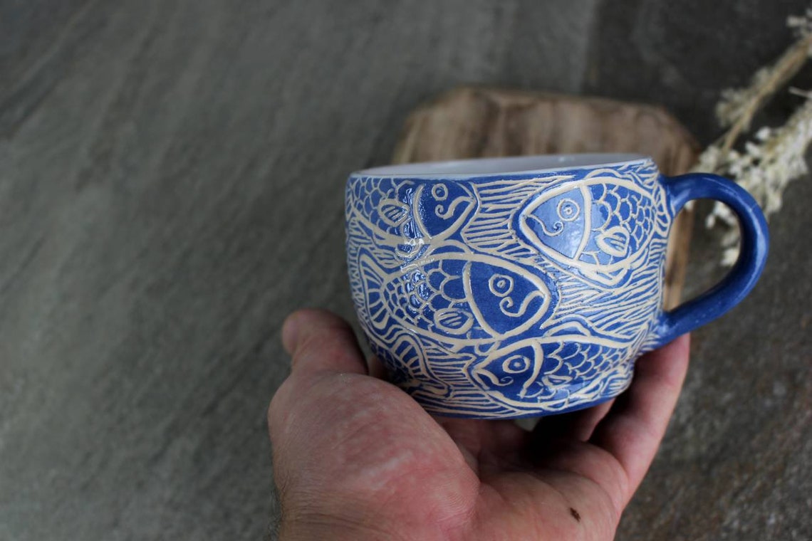 Pottery Ceramic Mug 10oz 12oz 14oz With Fish Illustration | Etsy