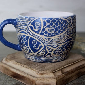 Pottery Ceramic Mug 10oz 12oz 14oz With Fish Illustration | Etsy