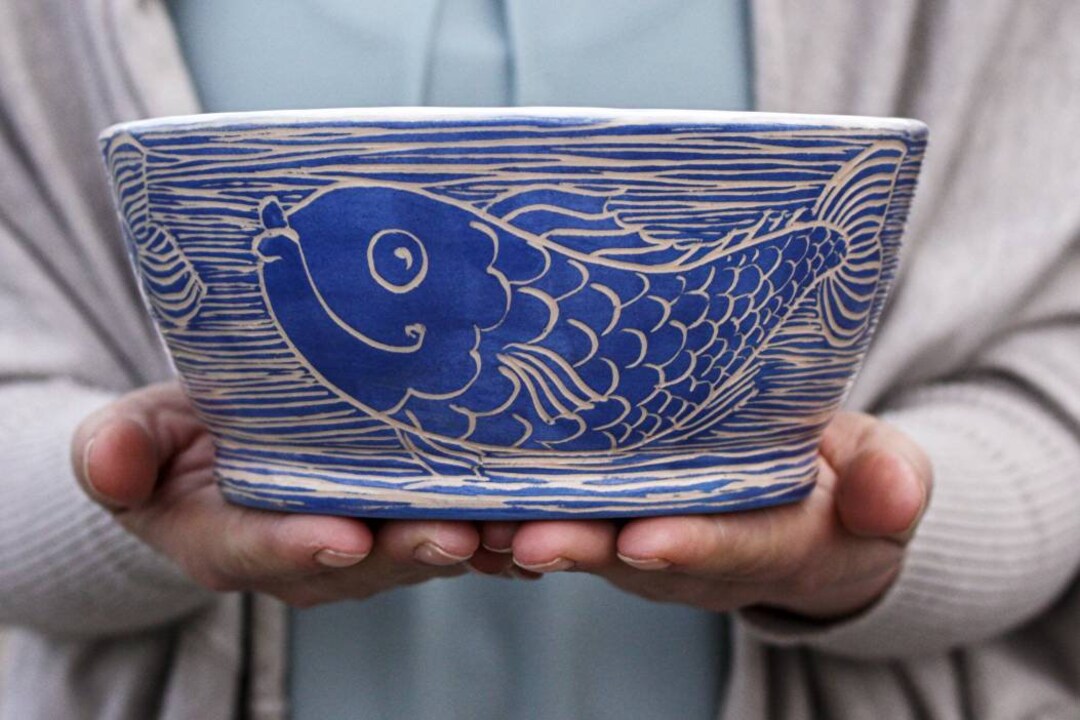 Handmade Bowl 20 Oz, Ceramic Pottery With Blue and White Fish ...
