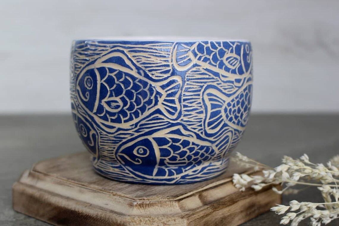 Pottery Ceramic Mug 10oz 12oz 14oz With Fish Illustration | Etsy