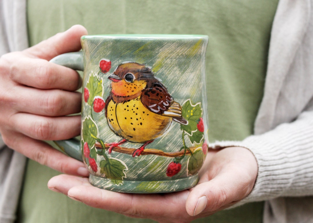 Pottery Mug 14oz With Robin Bird Bowl 18 Oz With Berries Bushes - Etsy
