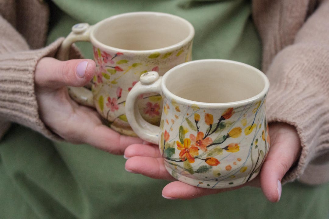 Pottery Set of Two Mugs Spring Blossoms 8and 10 Oz Coffee Mug - Etsy