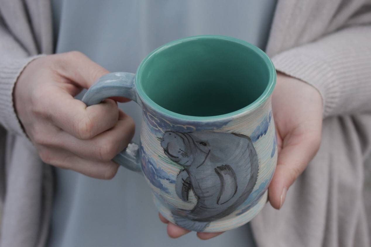 Pottery Mug 10 Oz 12oz 14 Oz With Manatee in Clouds - Etsy