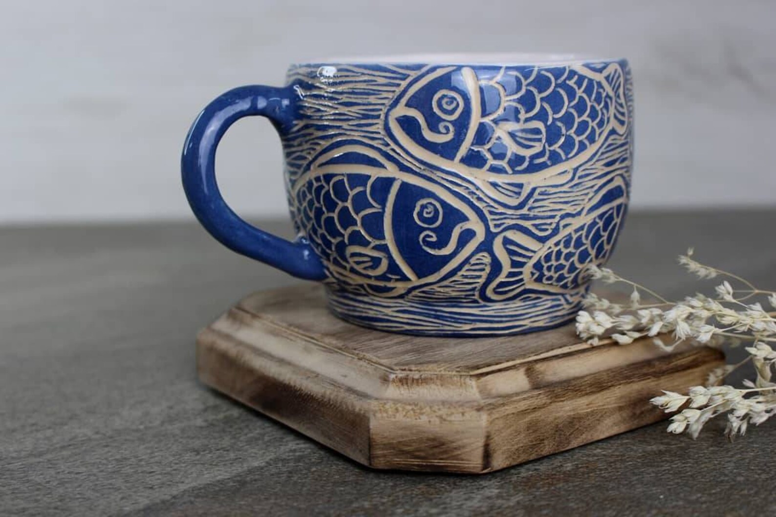 Pottery Ceramic Mug 10oz 12oz 14oz With Fish Illustration | Etsy