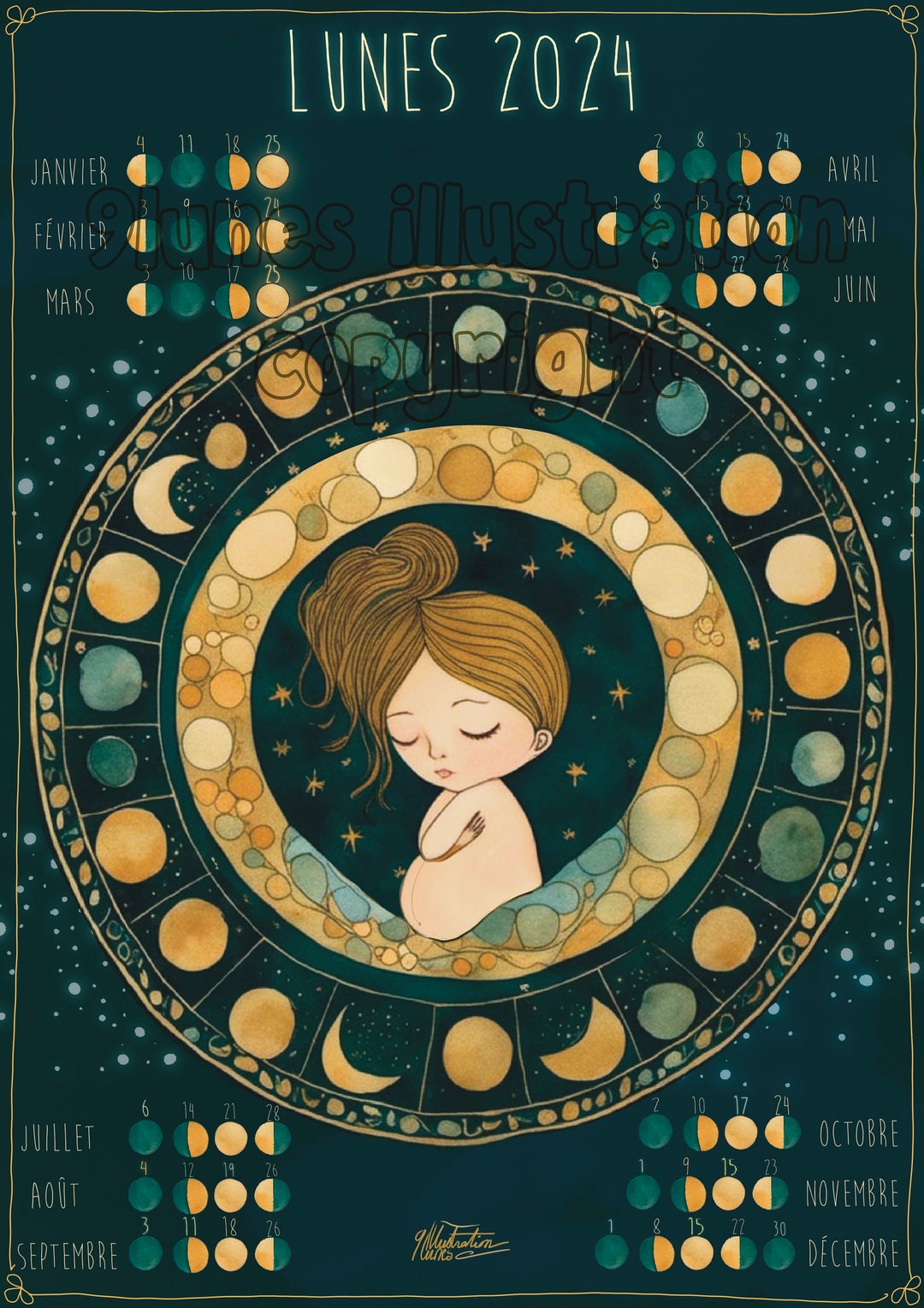 Digital Lunar Calendar 2024, Art Print, Full Moon Birth, Watercolor Art ...