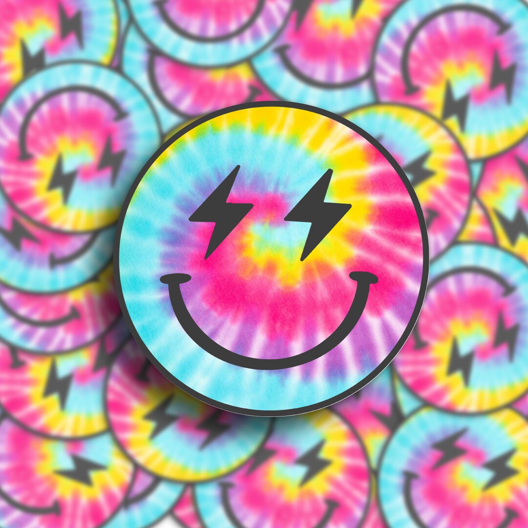 Tie Dye Smiley Face Sticker / Decal, Happy Face, Lightning Bolt Eyes - Etsy