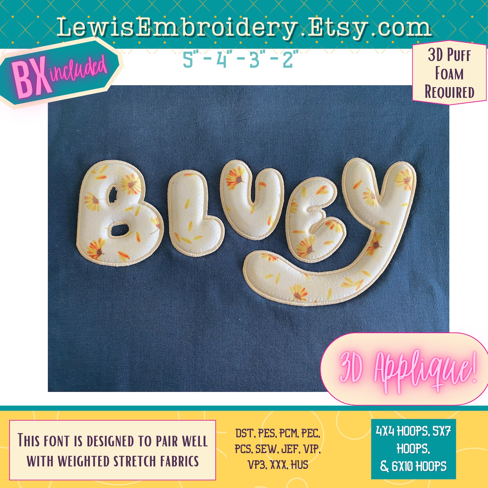3D Puff Applique, Bluey, Machine Embroidery Font - With BX - (PDF ...
