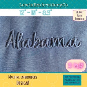 Alabama Embossed 3D Puff Design - Script Embroidery Font - Puff Foam ...