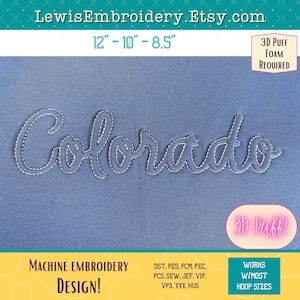 Colorado Embossed 3D Puff Design - Script Embroidery Font - Puff Foam ...