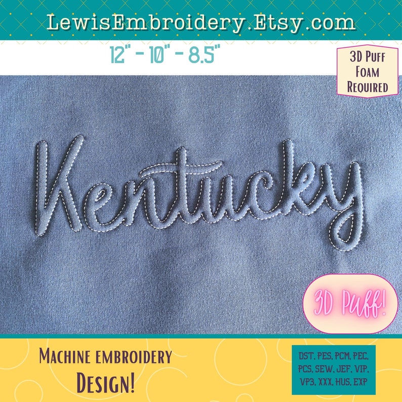 KENTUCKY Embossed 3D Puff, Machine Embroidery Design - NOT Full Font ...