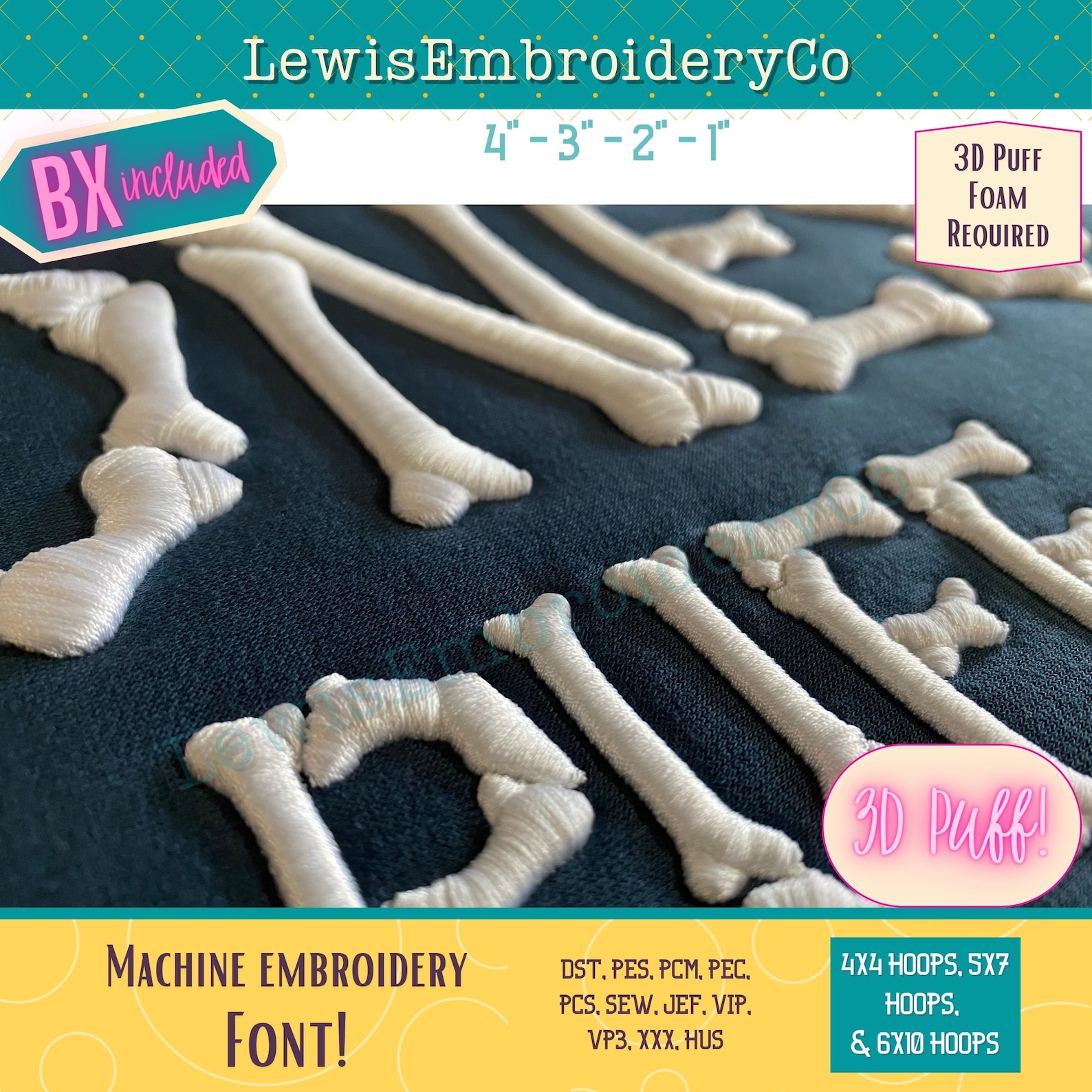 3D Puff, Bones, Machine Embroidery Font - With BX - (PDF Tutorial ...