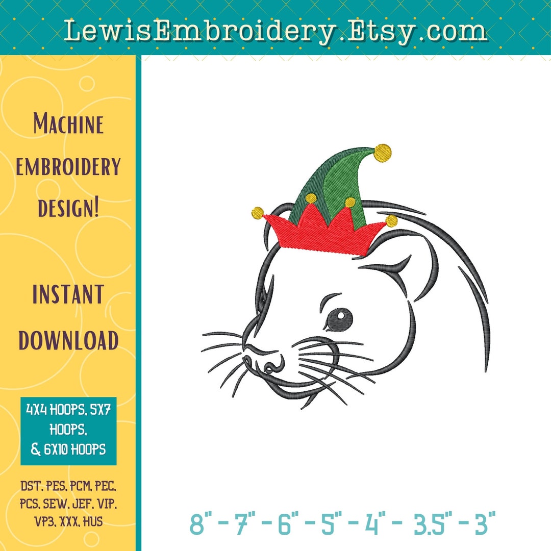 Christmas Ferret Embroidery Design - Cute Ferret - Elf Hat Embroidery ...
