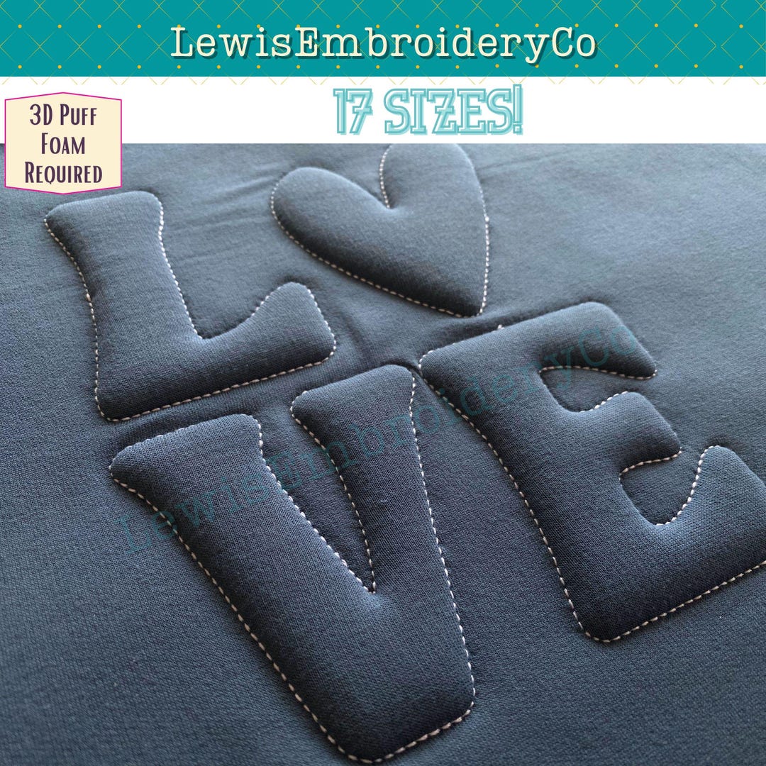 LOVE Embossed Puff Embroidery Design - Block Love Design - Embossed ...